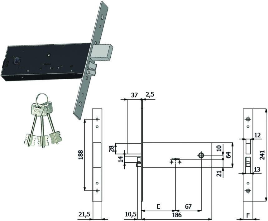 Elettroserratura infil. per fasce d/mappa cat. e scr. mm.64 h 5948 - mm ...