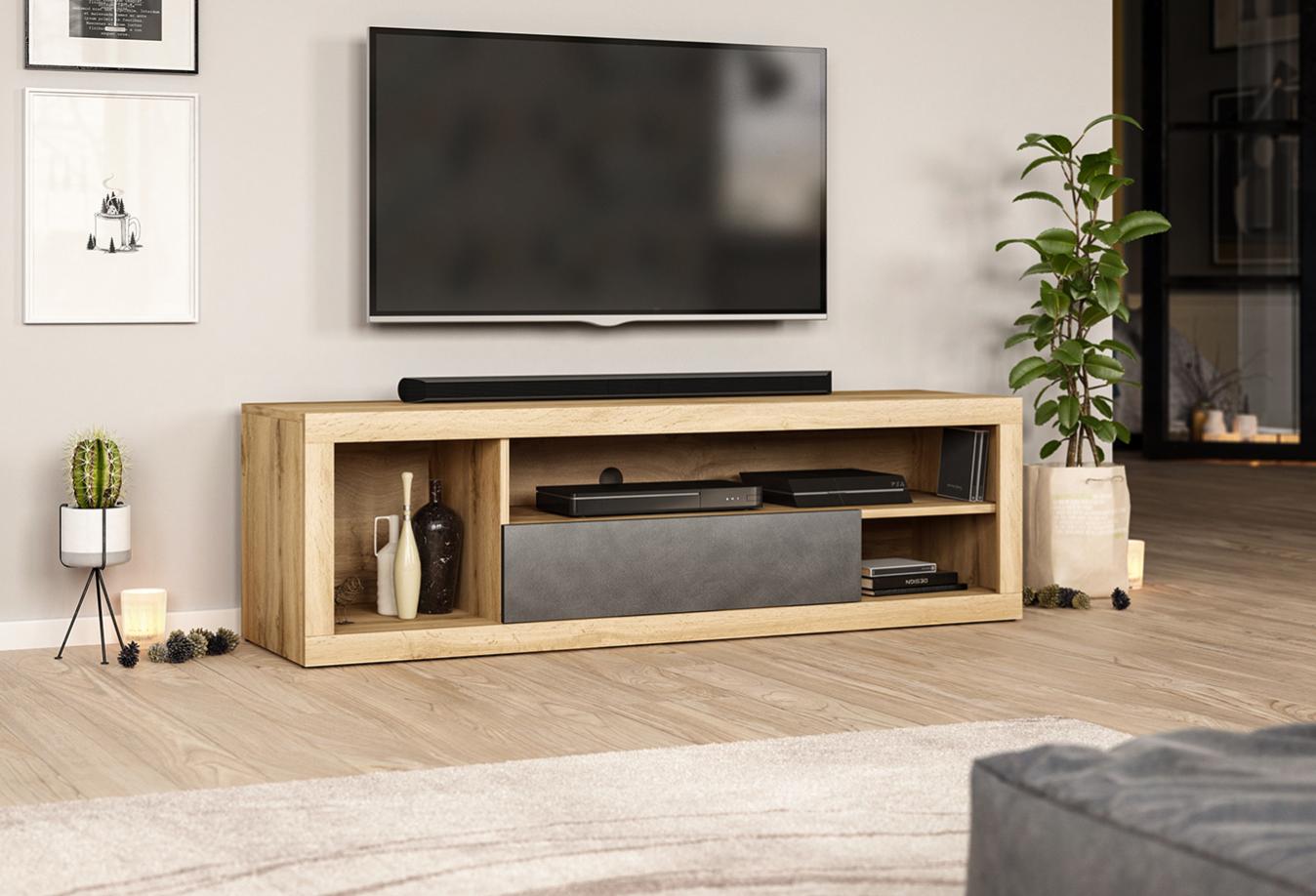 Meuble TV coloris chêne wotan / béton gris - Hauteur 43 x Longueur 140 ...