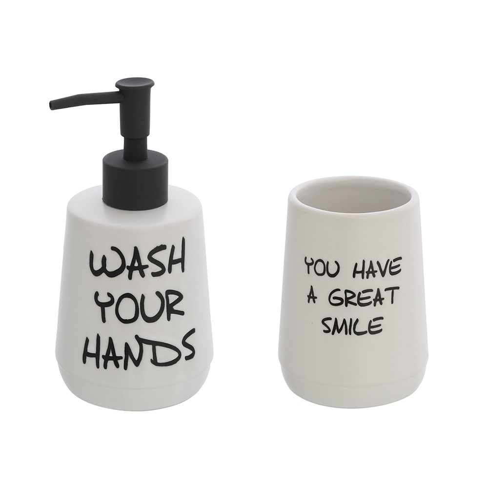 Set accessori linea Wash dispenser + portaspazzolini bianco con scritte ...