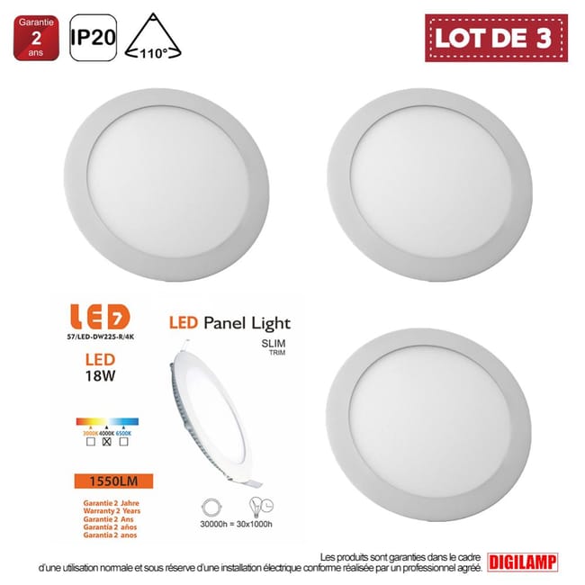 Lot De 3 Spot Encastrable Led Downlight Panel Extra Plat 18w Blanc