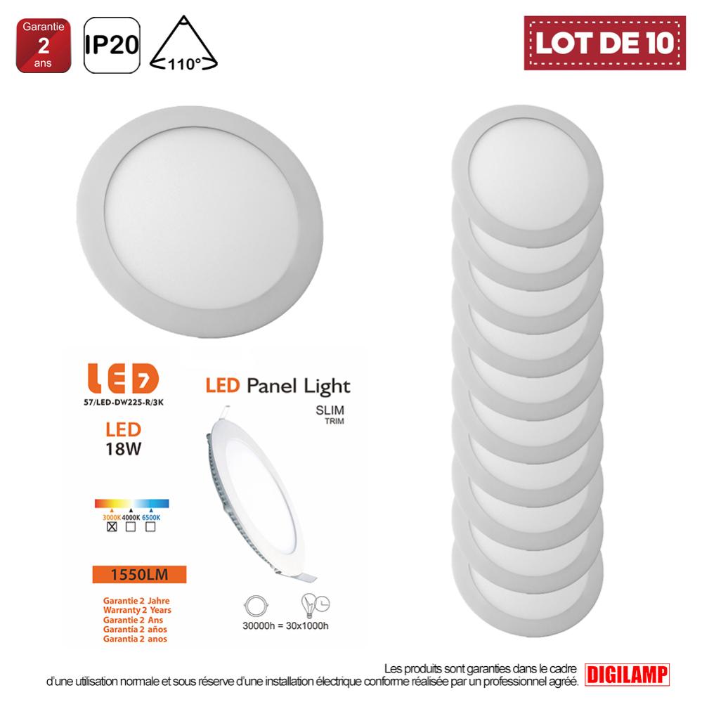 Lot de 10 Spot Encastrable Led Downlight Panel Extra plat 18w Blanc Chaud 3000k - Digilamp ...