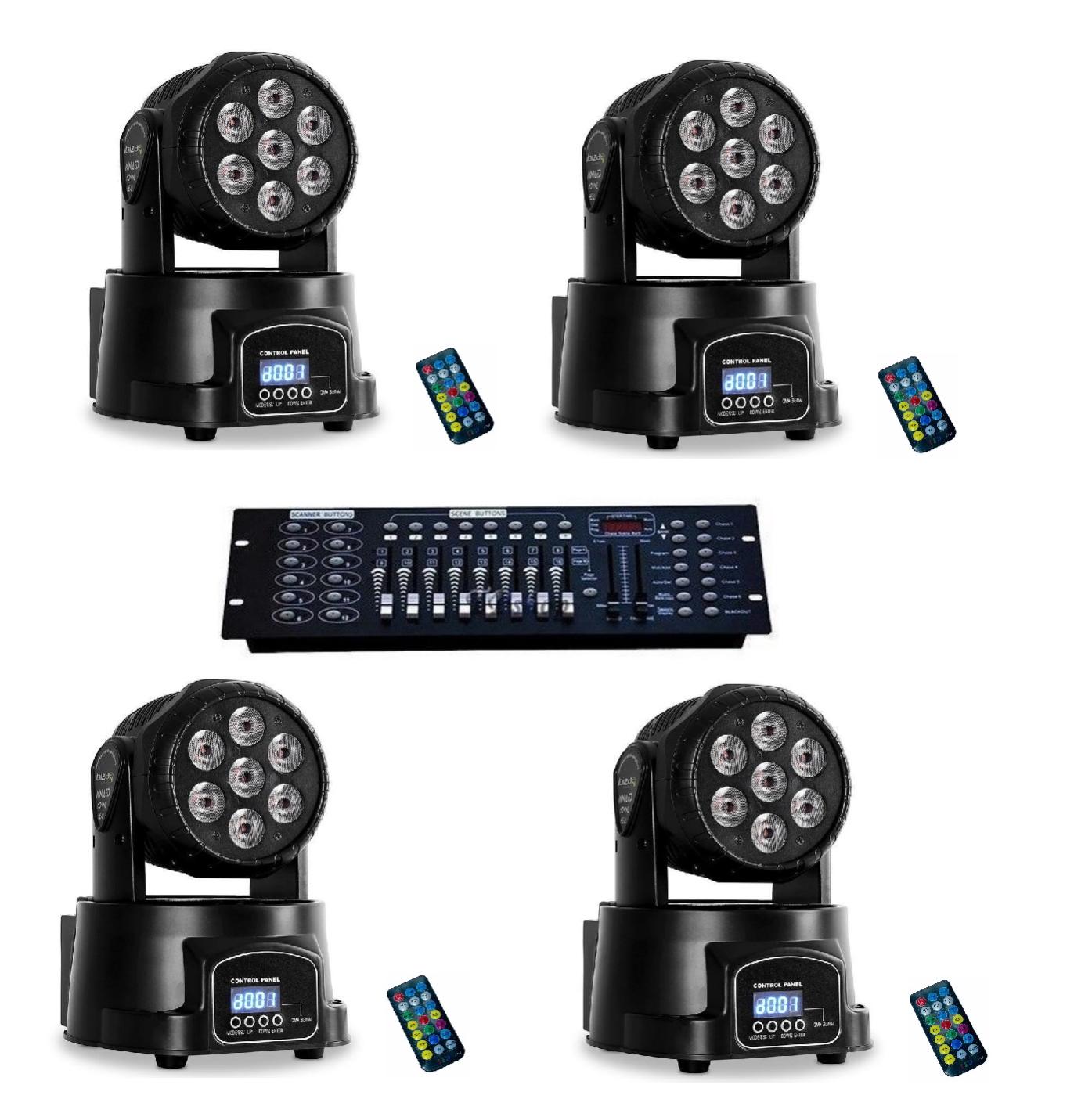 Kit 4 proiettori led rgb testa mobile rotante con 7 led wash dmx mixer ...
