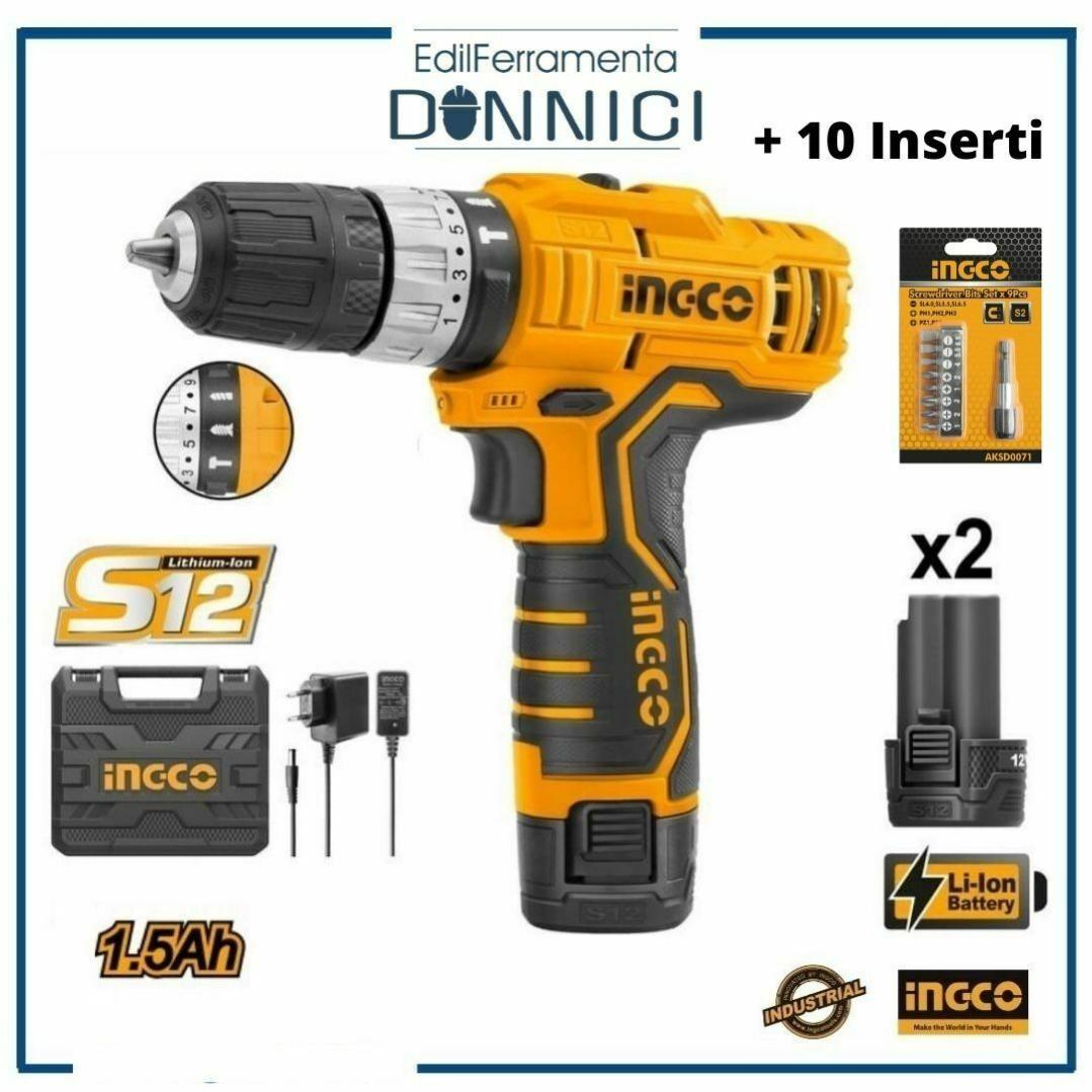 Trapano avvitatore a batteria INGCO 12 V con 2 batterie al litio li-ion ...