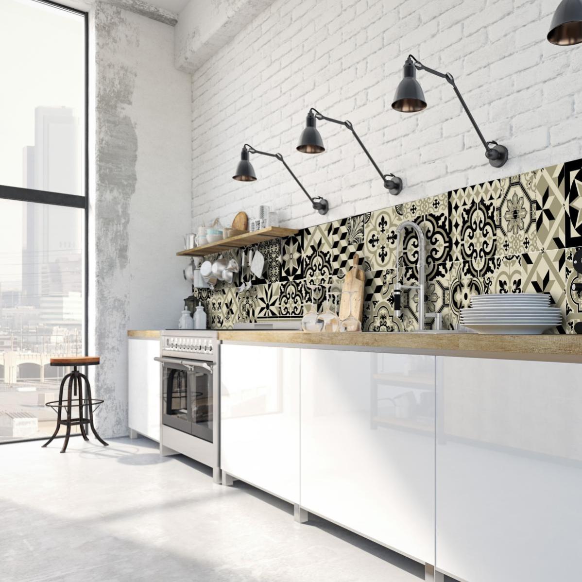 Crédence Adhésive Carreaux de Ciment - Léon - Noir d'Ivoire - 60x200cm ...