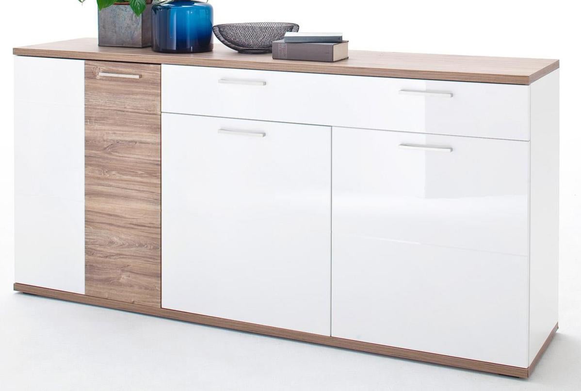 Buffet coloris blanc brillant mat et chêne massif - Longueur 180 x ...