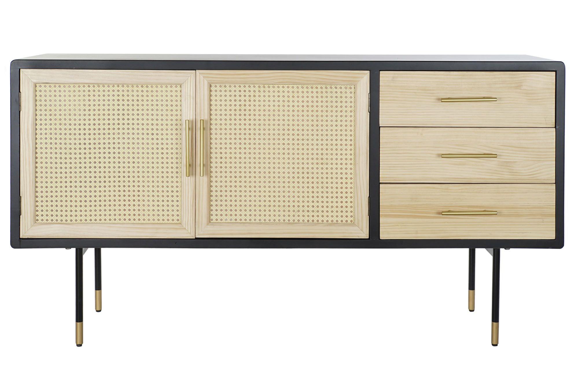 Commode en bois pin noir avec 2 portes et 3 tiroirs - Largeur 150 x ...