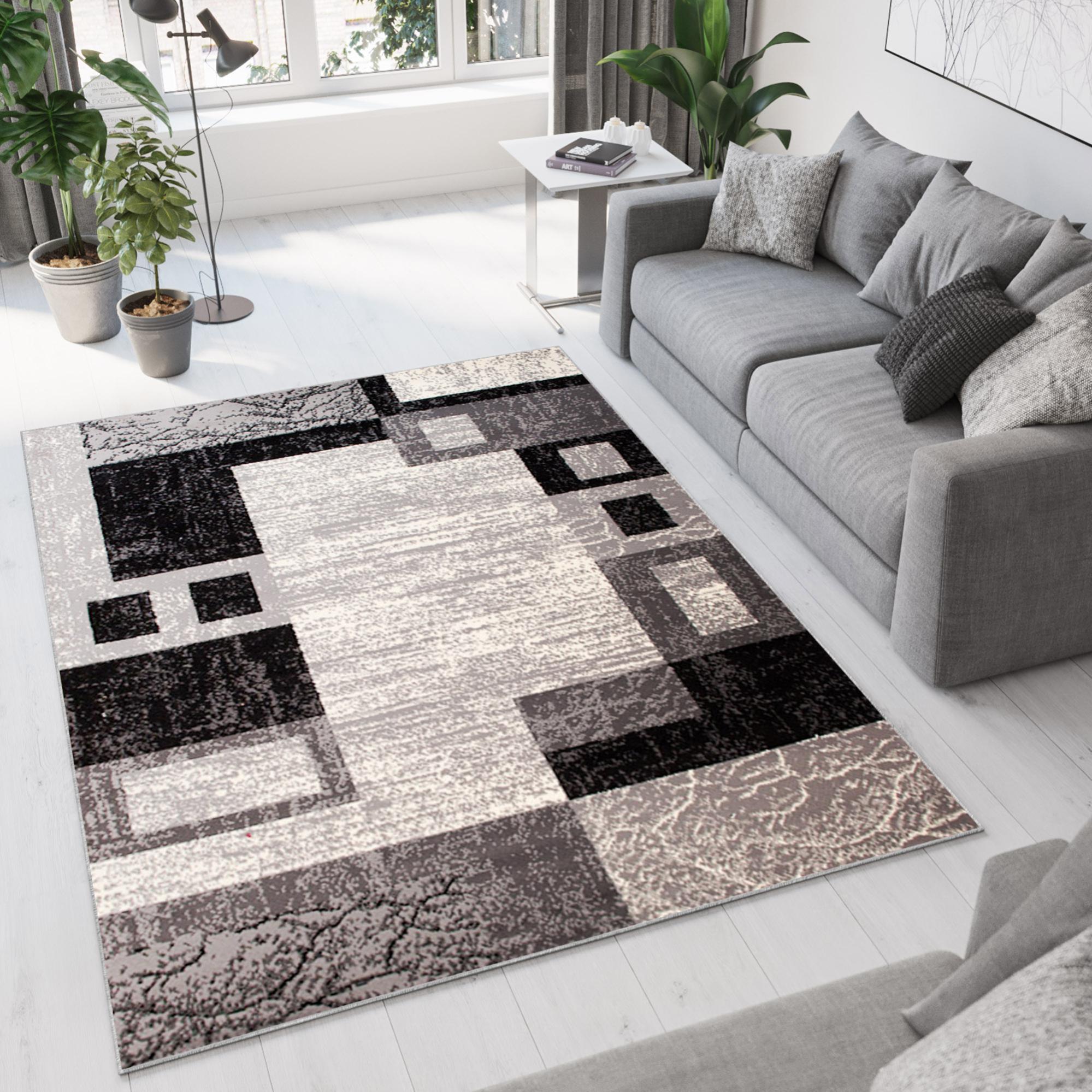 TAPISO Dream Tapis Salon Chambre Noir Gris Crème Géométrique Carreaux ...