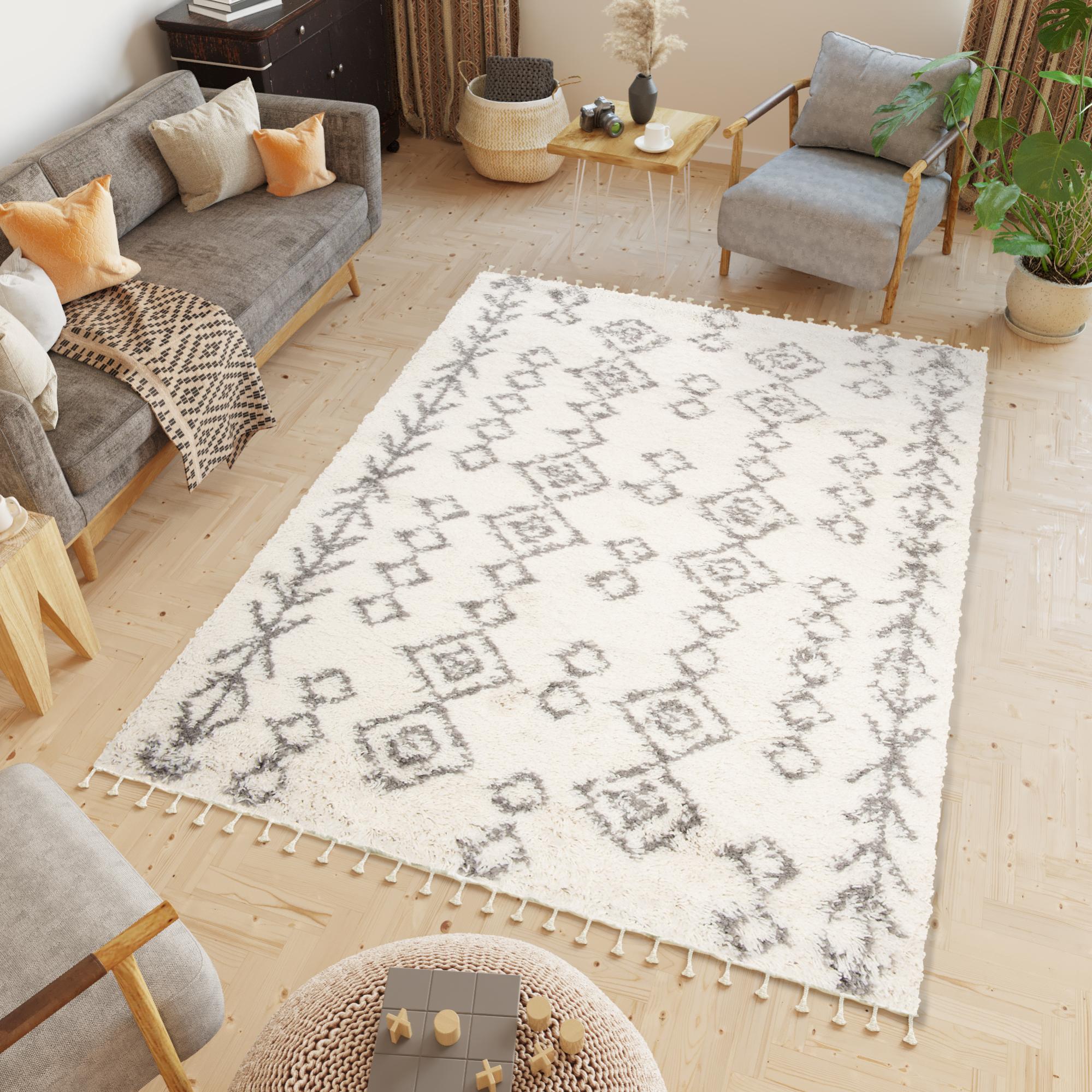 TAPISO Boho Tapis Salon Crème Gris Ethnique Franges Shaggy Moelleux ...