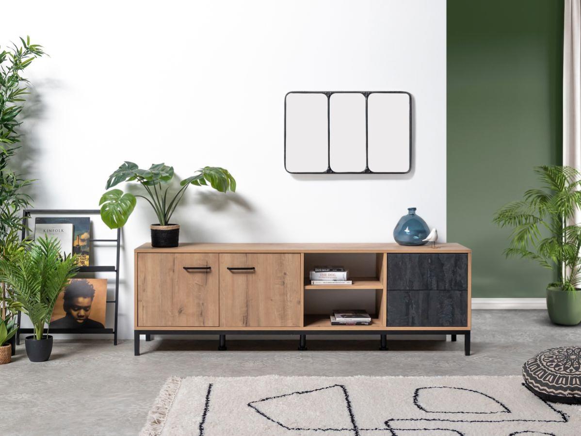 BOBOXS Meuble TV 180 cm ELYSEE Effet chêne et imitation marbre noir ...