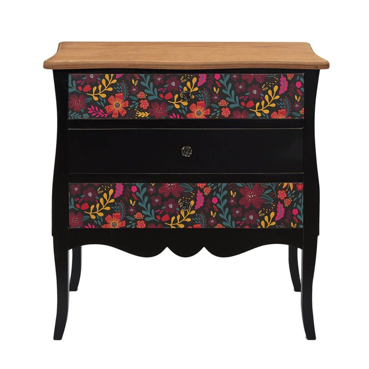 FRIDA - Commode 3 Tiroirs Noire et Motifs Fleuris | Leroy Merlin