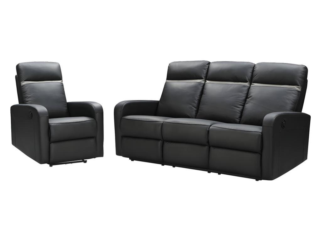 Canapé 3 places et un fauteuil relax électrique en cuir ABERDEEN - Noir ...