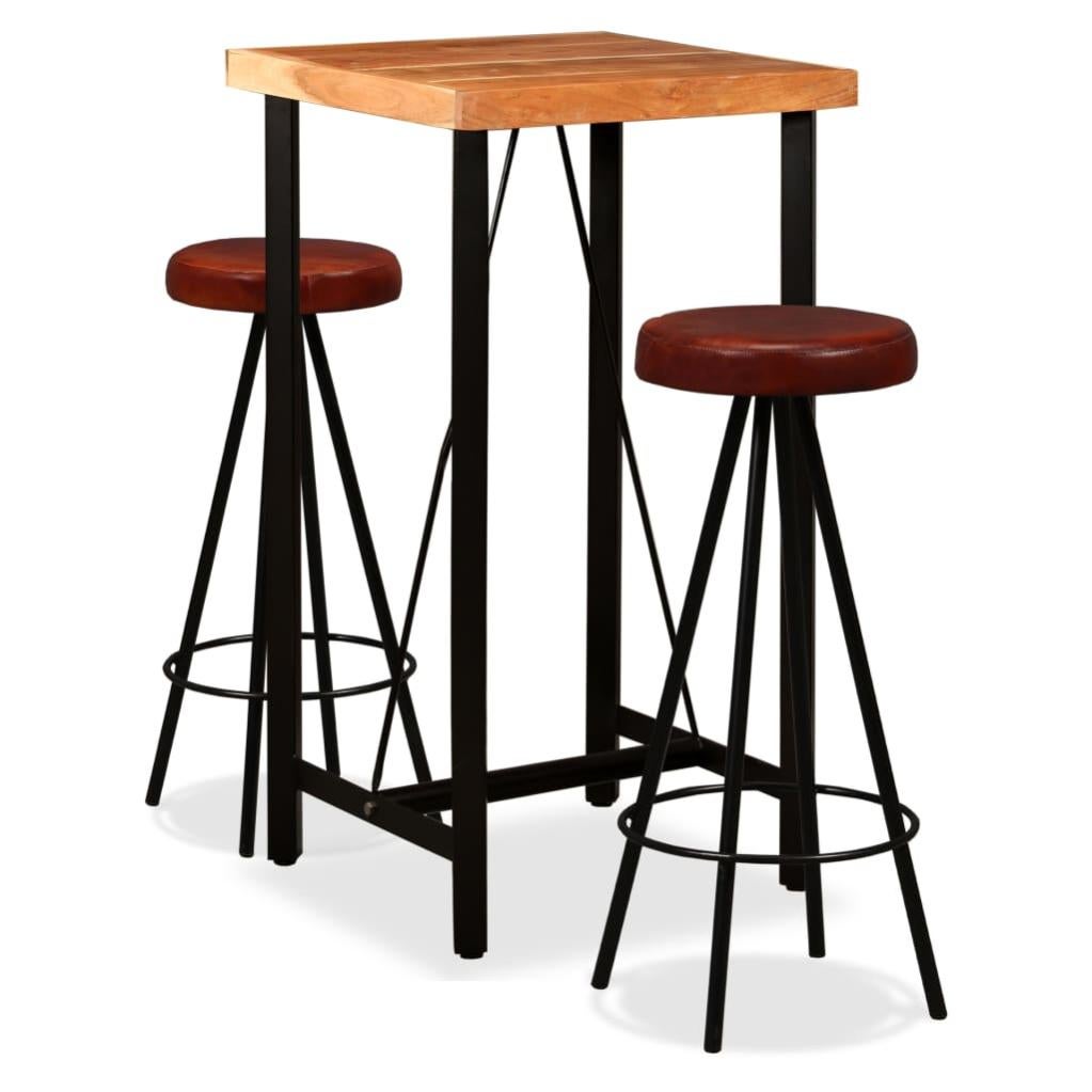 VidaXL Set da Bar 3 pz in Legno Massello di Acacia e Vera Pelle | Leroy ...