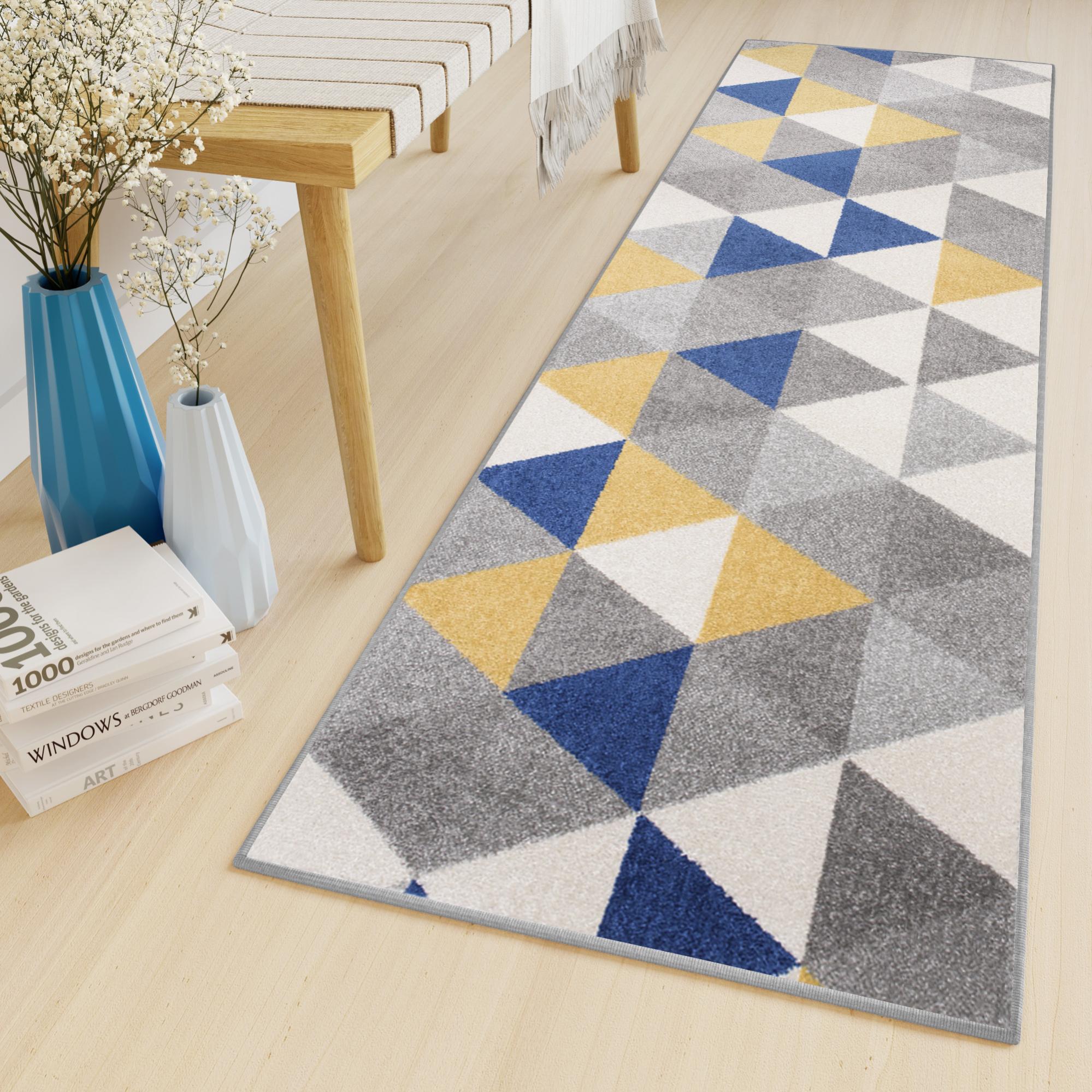 TAPISO Lazur Tapis de Couloir Passage Bleu Marin Gris Jaune Triangles ...
