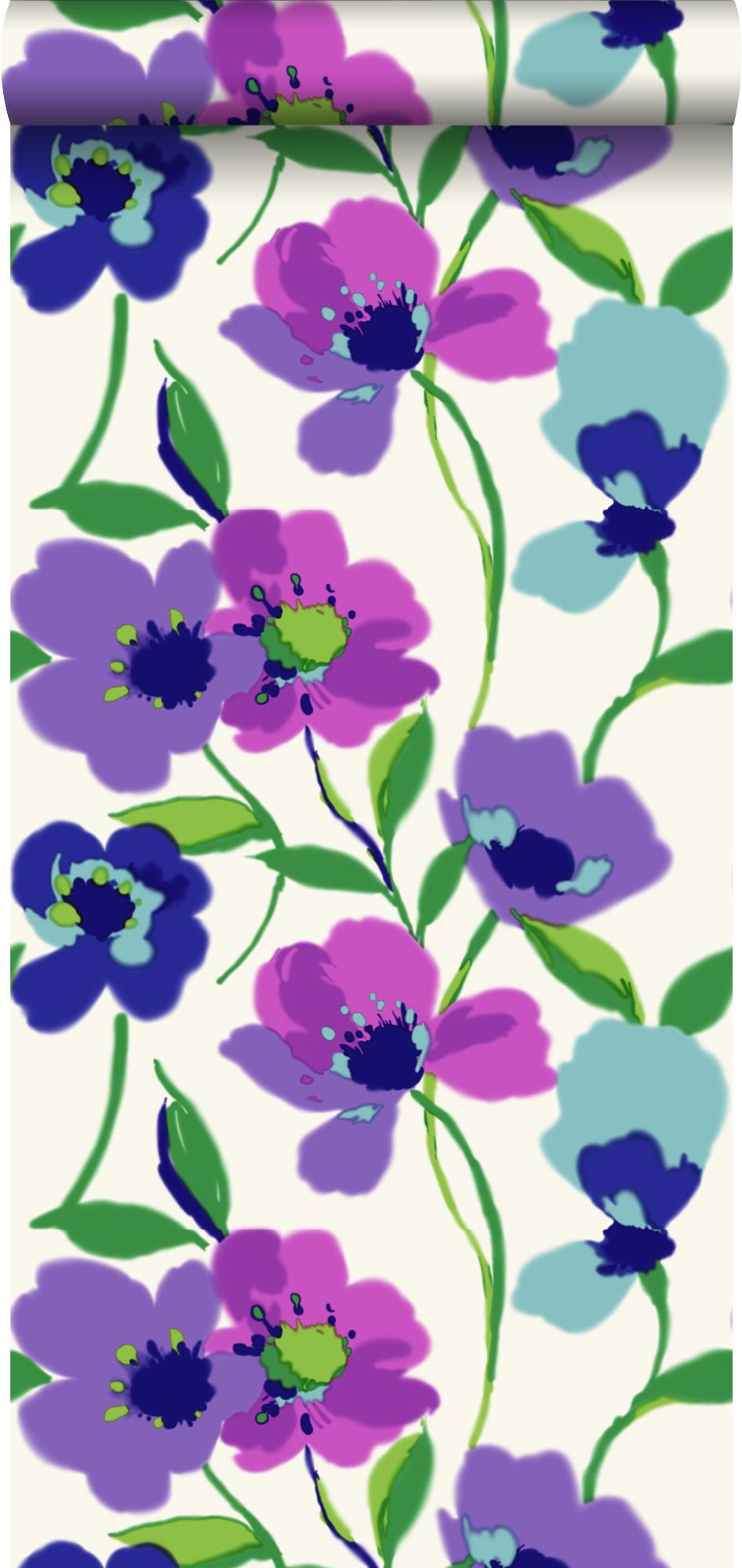 Carta da parati papaveri viola e turchese - 53 cm x 10,05 m - ESTAhome ...