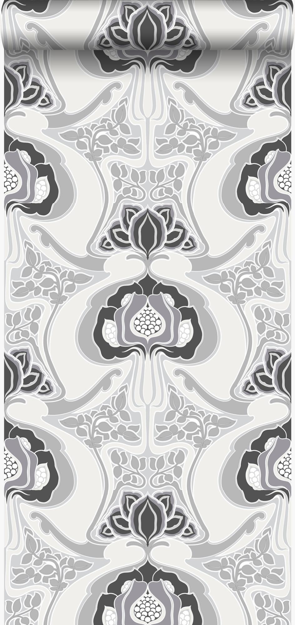 Carta da parati motivo floreale art nouveau nero e grigio - 53 cm x 10 ...