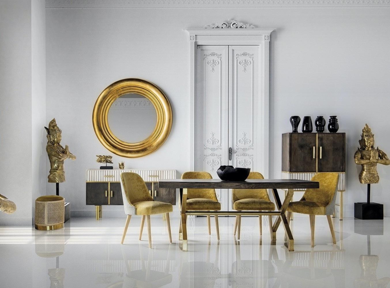 Table rectangulaire bois massif marron et métal doré Jamie 180 cm ...