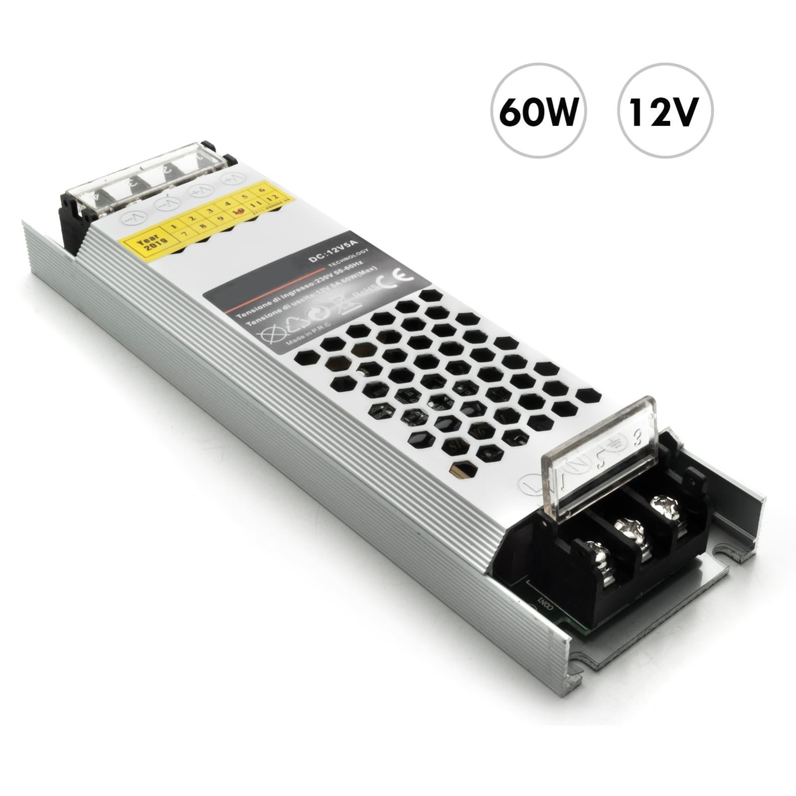 Alimentatore slim 60W trasformatore da 230V a 12V 5A strisce luci LED ...