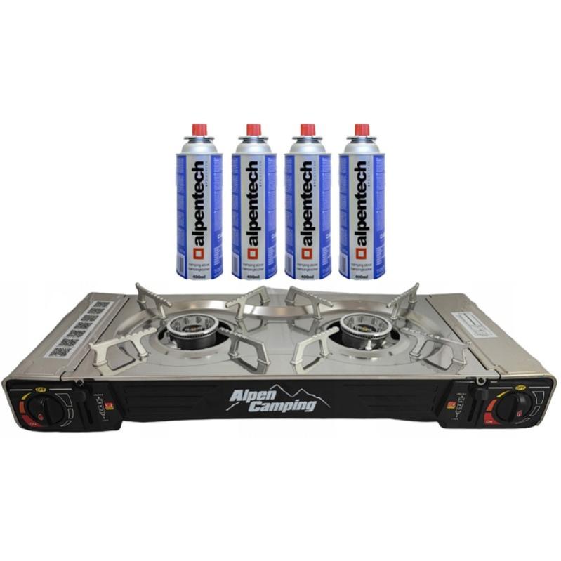 Fornello a gas a 2 fuochi 4600W Acciaio inox Accensione piezoelettrica + 4 cartucce di gas ...