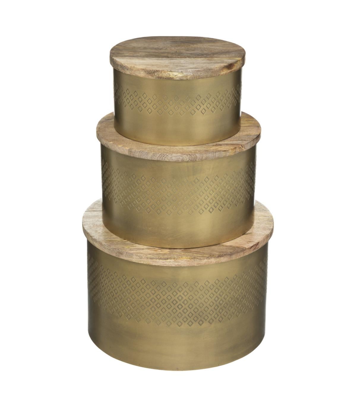 Lot de 3 Boites rondes en Métal Doré et couvercles en Bois de Manguier ...