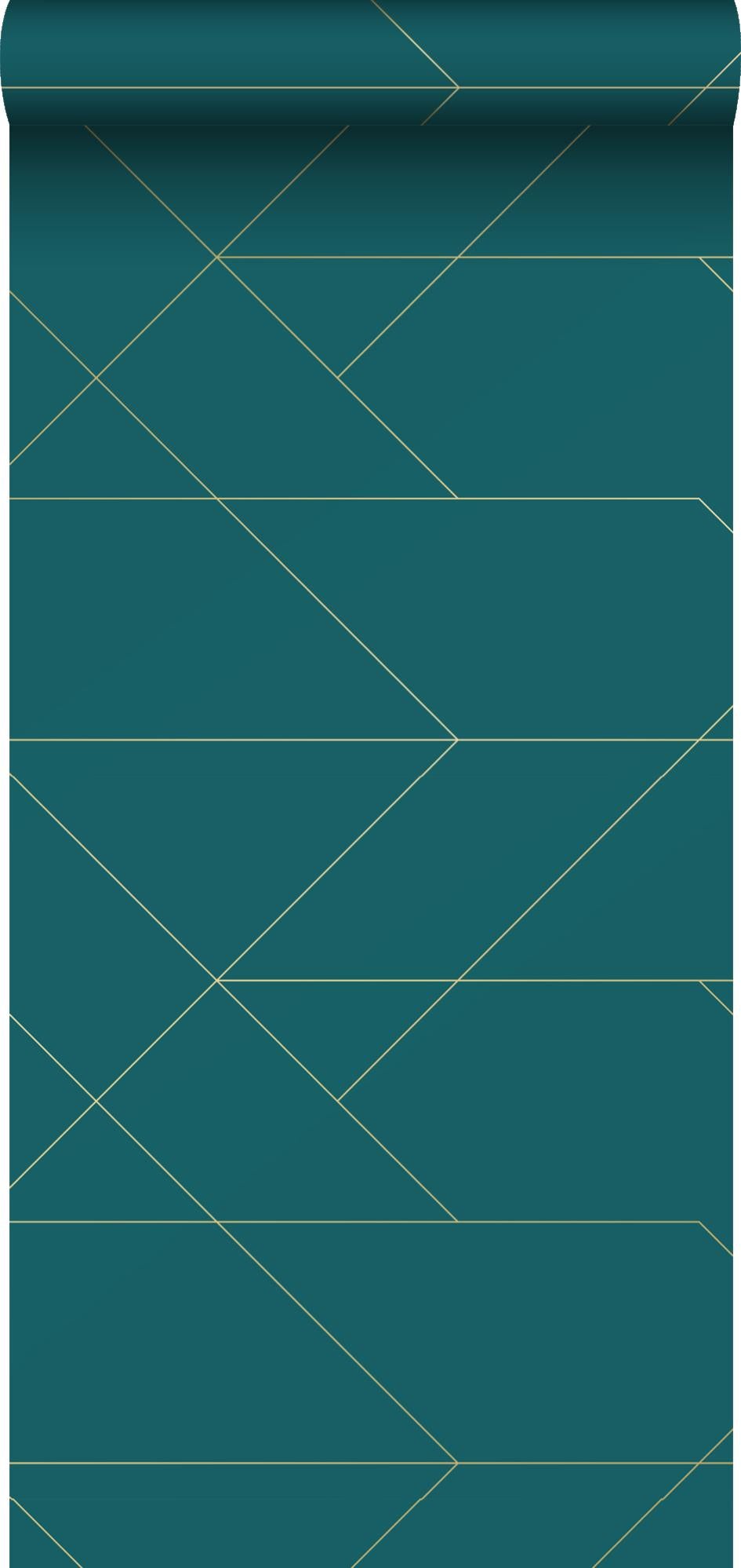 Carta da parati linee grafiche blu petrolio e oro - 0,53 x 10,05 m ...