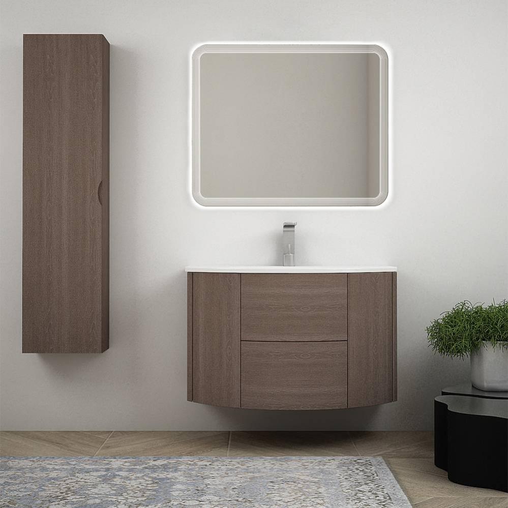 Mobile bagno rovere scuro sospeso 90 cm con colonna specchiera LED ...