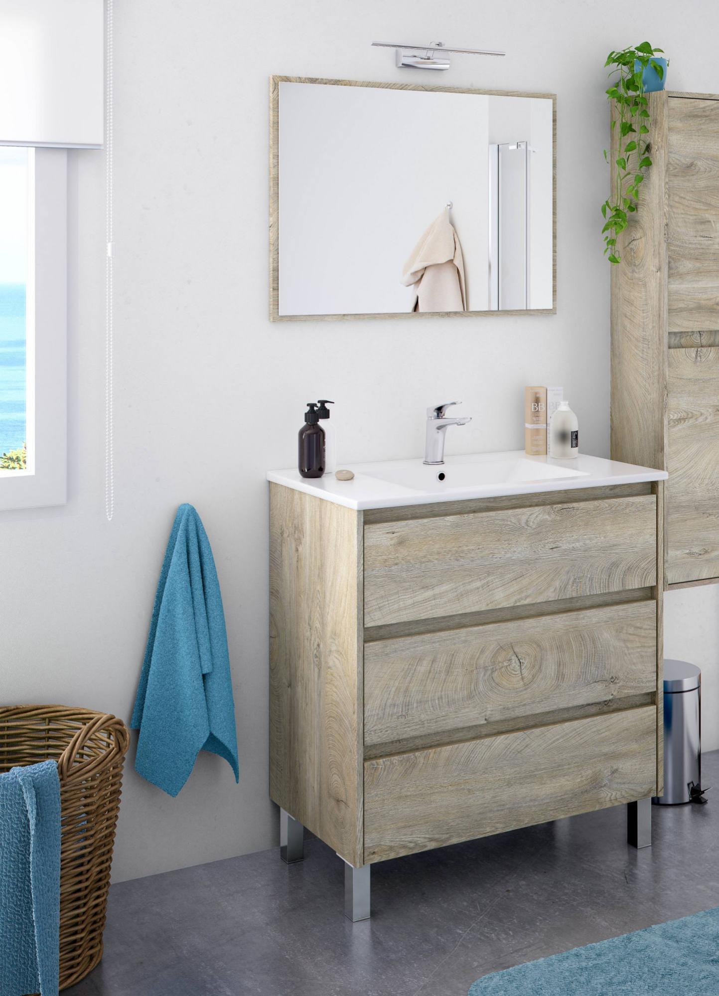 Mobile sottolavabo a tre cassetti e uno specchio, colore rovere Alaska ...