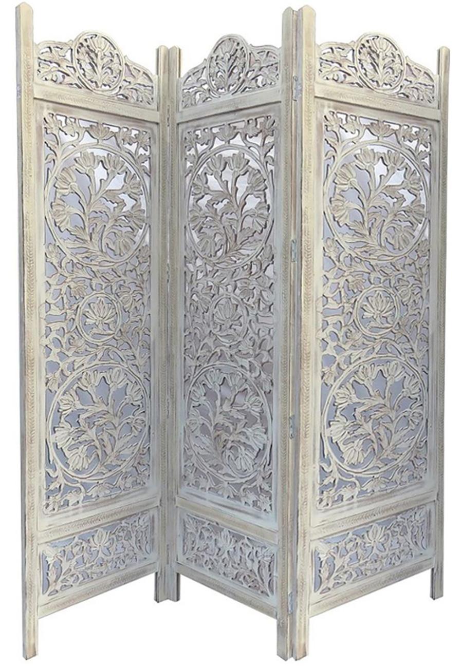 Paravent 3 pans en bois de manguier et MDF coloris décapage blanc ...