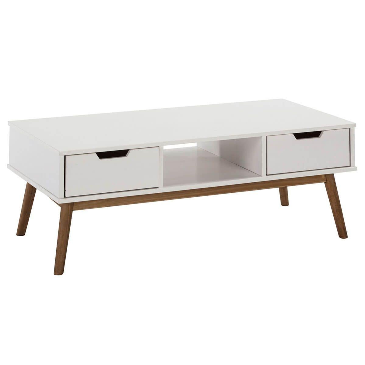 MUGAN - Table Salon 2 Tiroirs Blanc et Pin Naturel | Leroy Merlin
