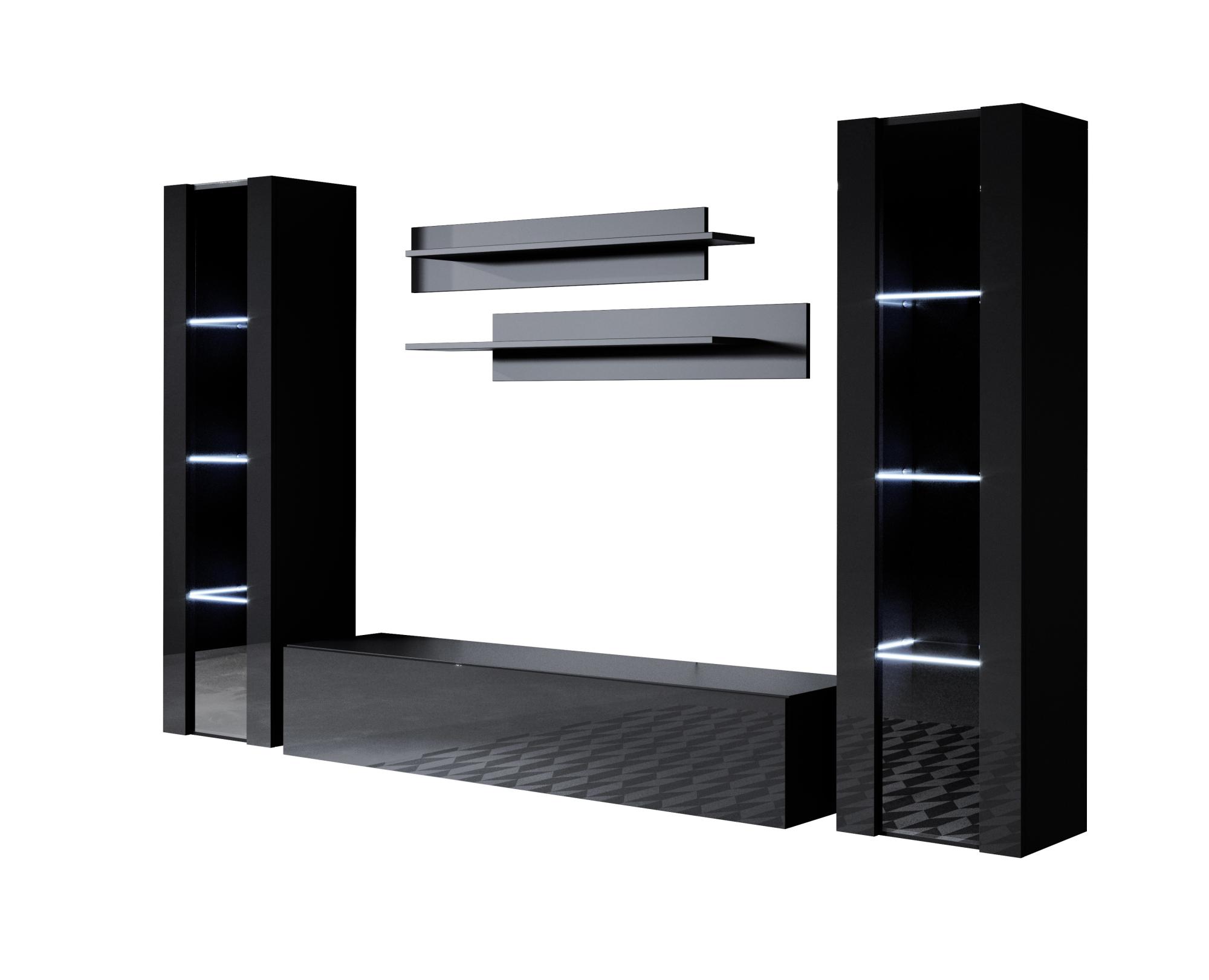 Mobile Da Soggiorno Nero Finitura Lucida Led 220cm Luke 8b