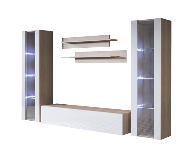 Mobile Da Soggiorno Sonoma E Bianco Finitura Lucida Led 220cm