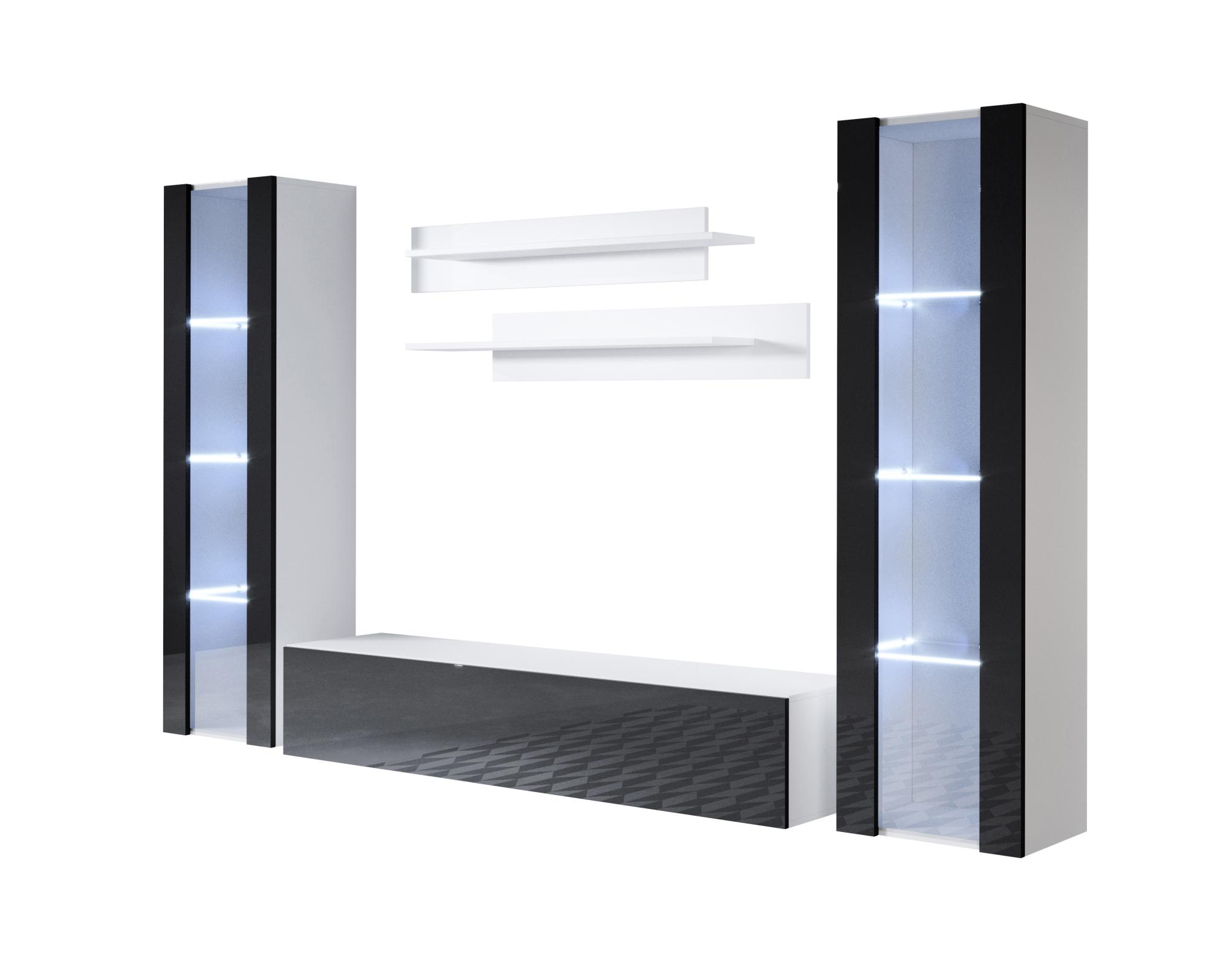 Mobile Da Soggiorno Bianco E Nero Finitura Lucida Led 220cm Luke