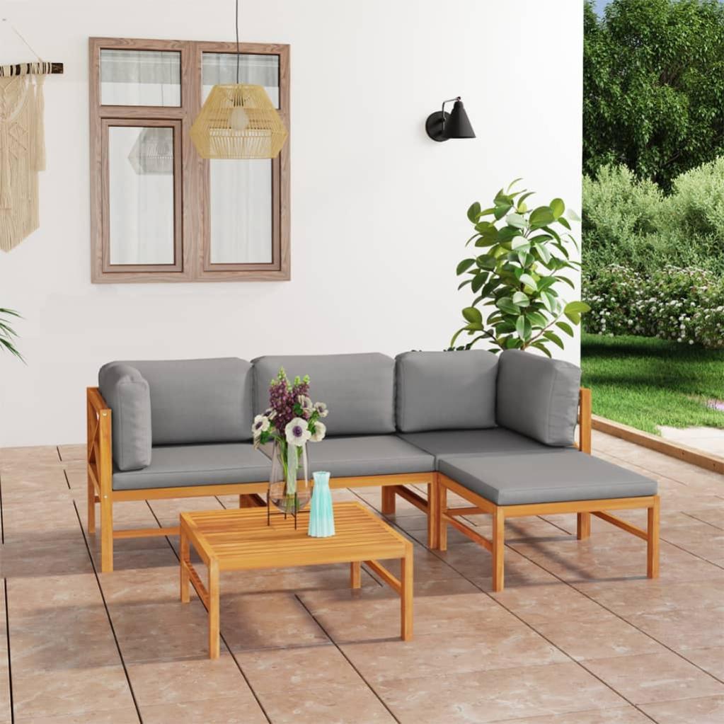 Salon de jardin 5 pcs avec coussins gris Bois de teck solide 4 | Leroy ...