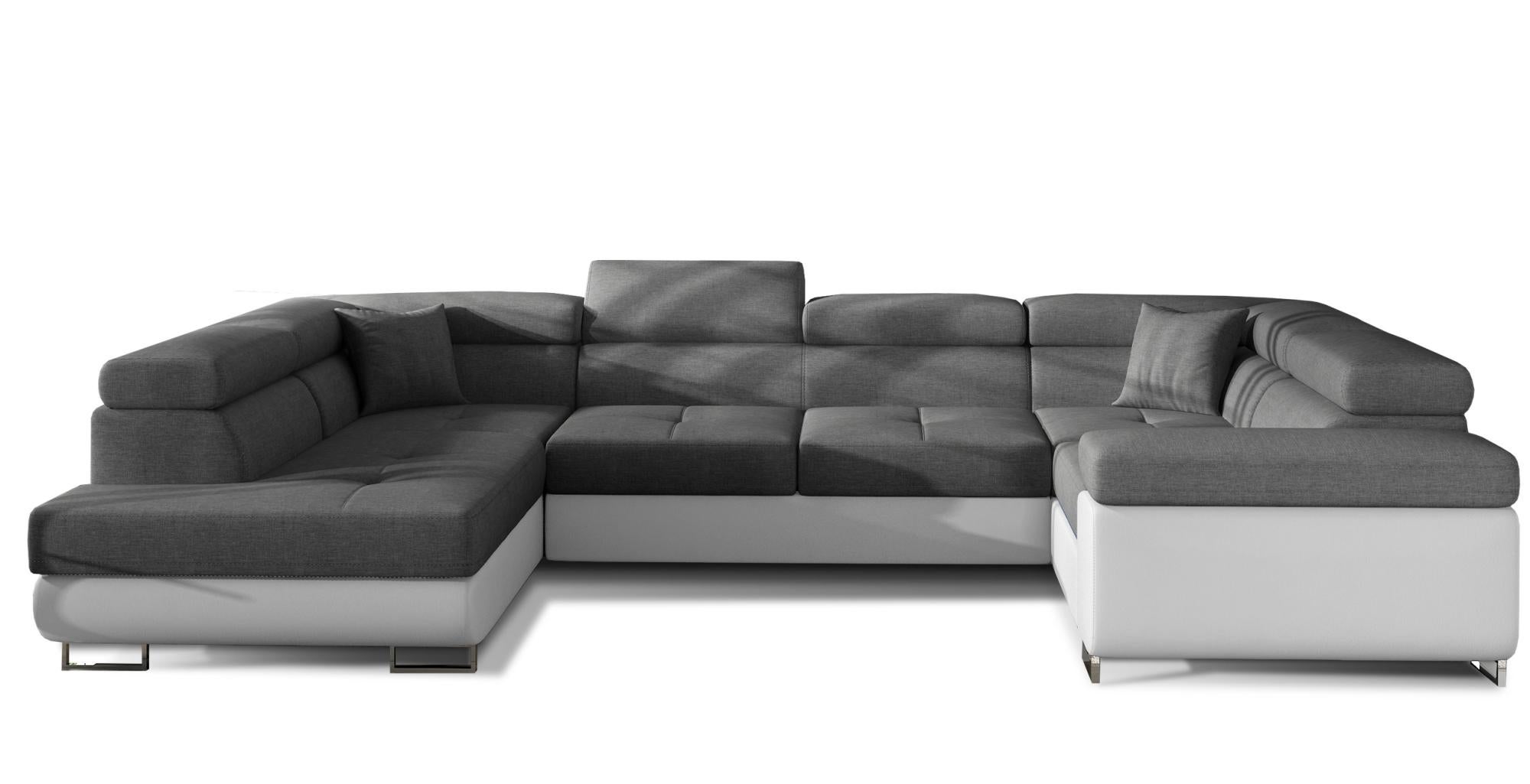 Canapé convertible U gauche tissu gris foncé et simili blanc avec coffre de rangement Tovy 340cm ...