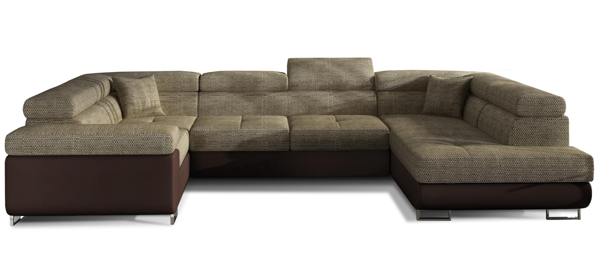 Canapé convertible U droit tissu beige chiné et simili marron avec ...