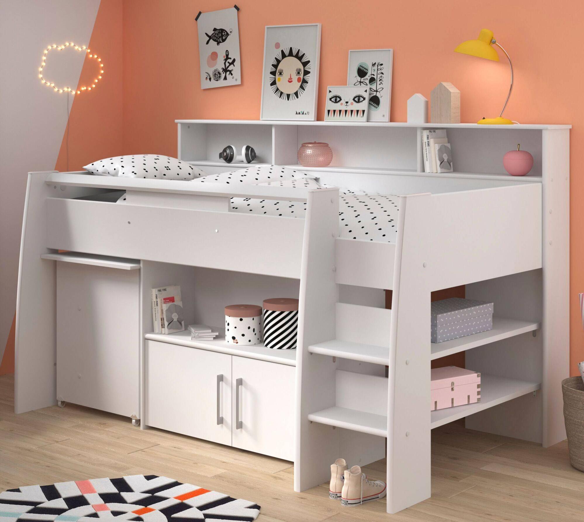 Letto alto combinato bianco con scrivania e scomparti - 90x200 | Leroy ...