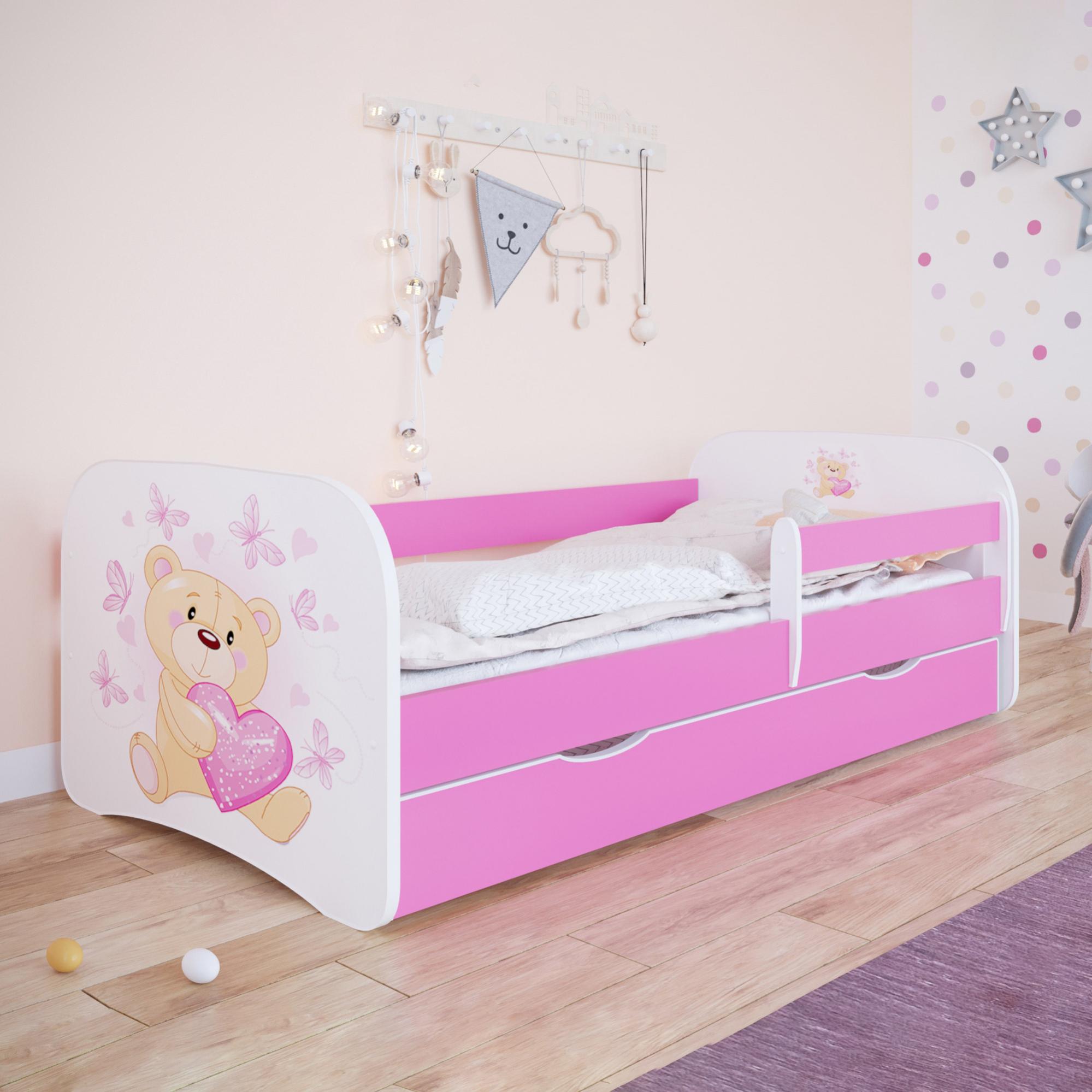 Lit 70x140 cm rose + matelas et tiroir décor ourson et c urs - HEROS ...