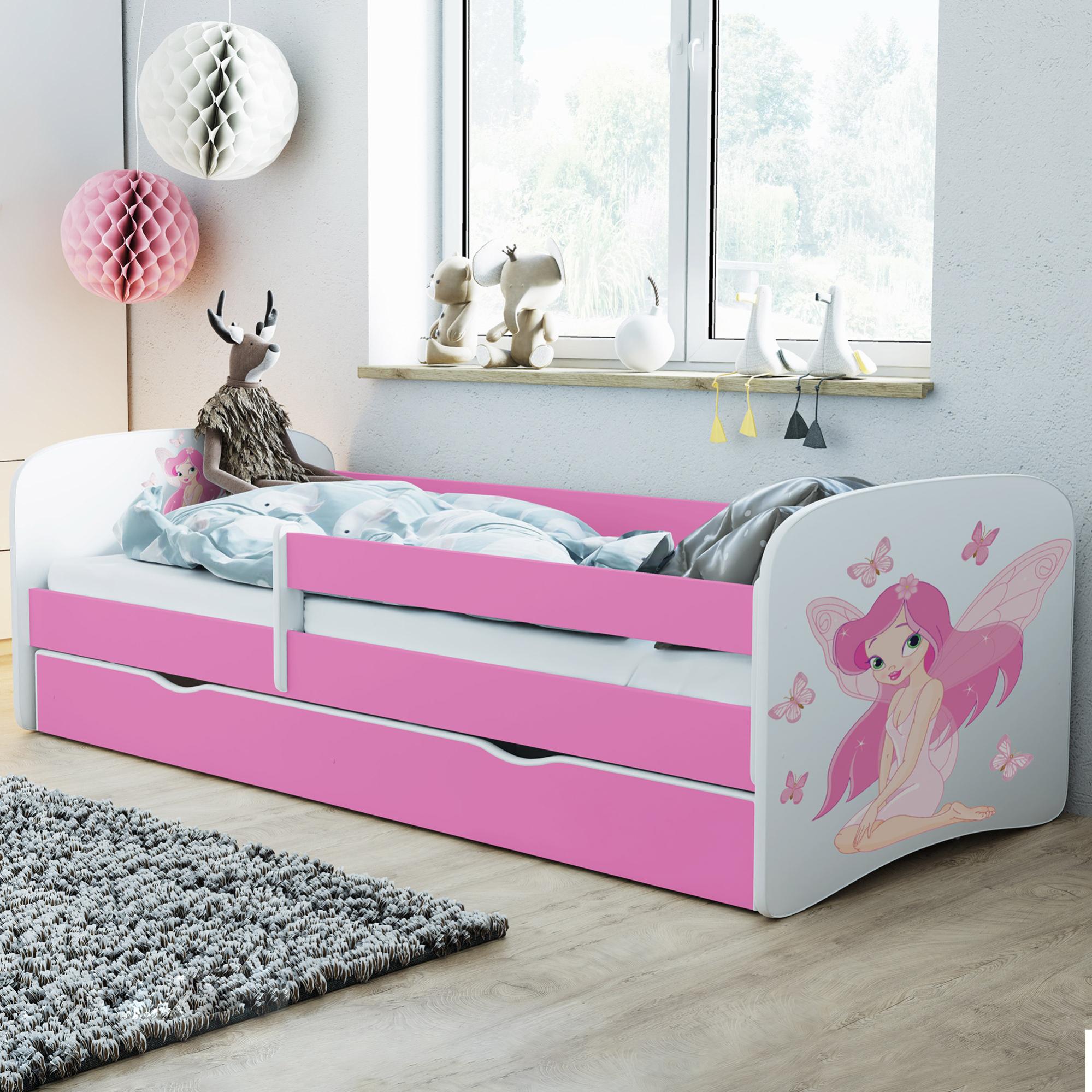 Lit 70x140 cm rose + matelas et tiroir décor fée et papillons - HEROS ...