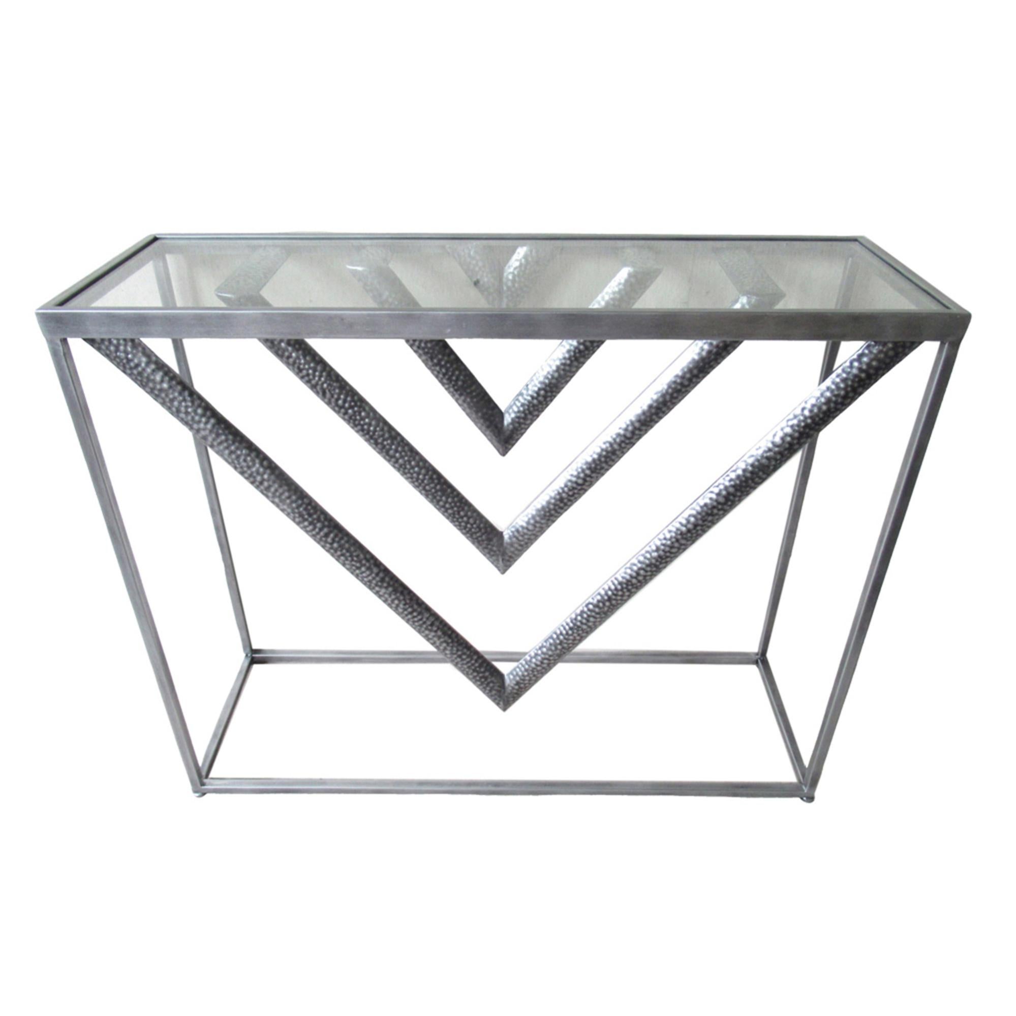 Console design triangles 84x34x102 cm en verre et métal patiné vieilli ...