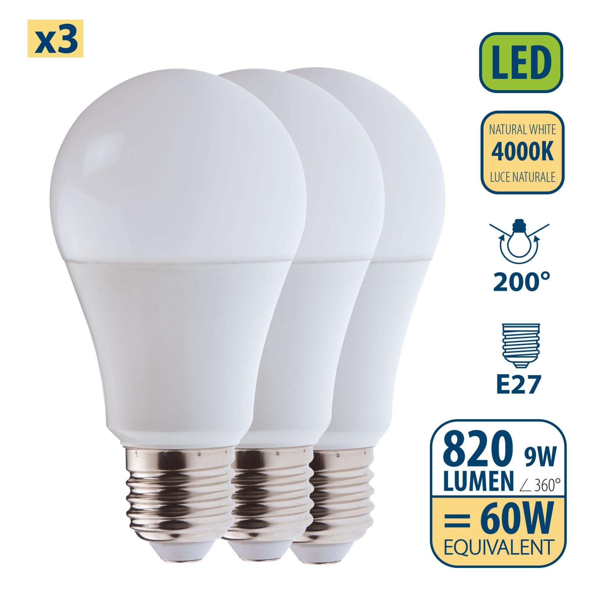 Kit da 3 lampadine SMD LED, Goccia A60, 9W/820lm, base E27, 4000K ...