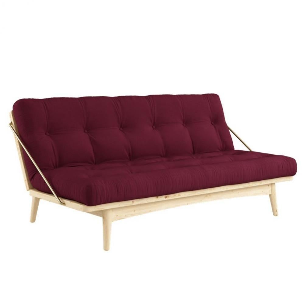 Banquette futon FOLK en pin massif coloris bordeaux couchage 130 x 190 ...