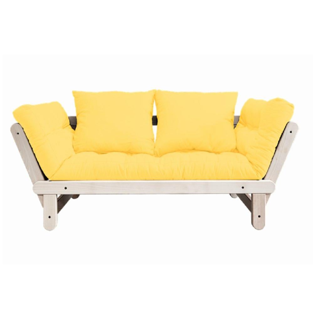 Banquette méridienne futon BEAT pin naturel tissu jaune couchage 75*200 ...