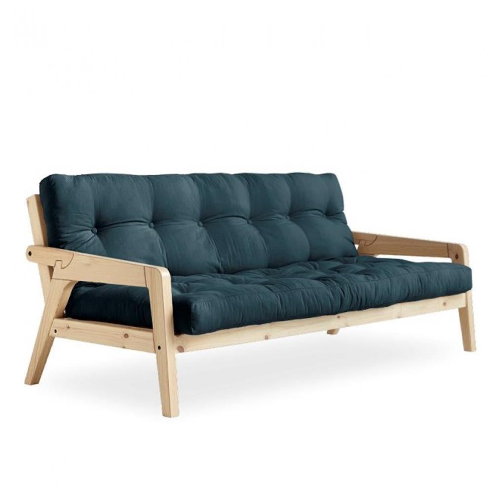 Canapé convertible futon GRAB pin naturel coloris bleu pétrole couchage ...