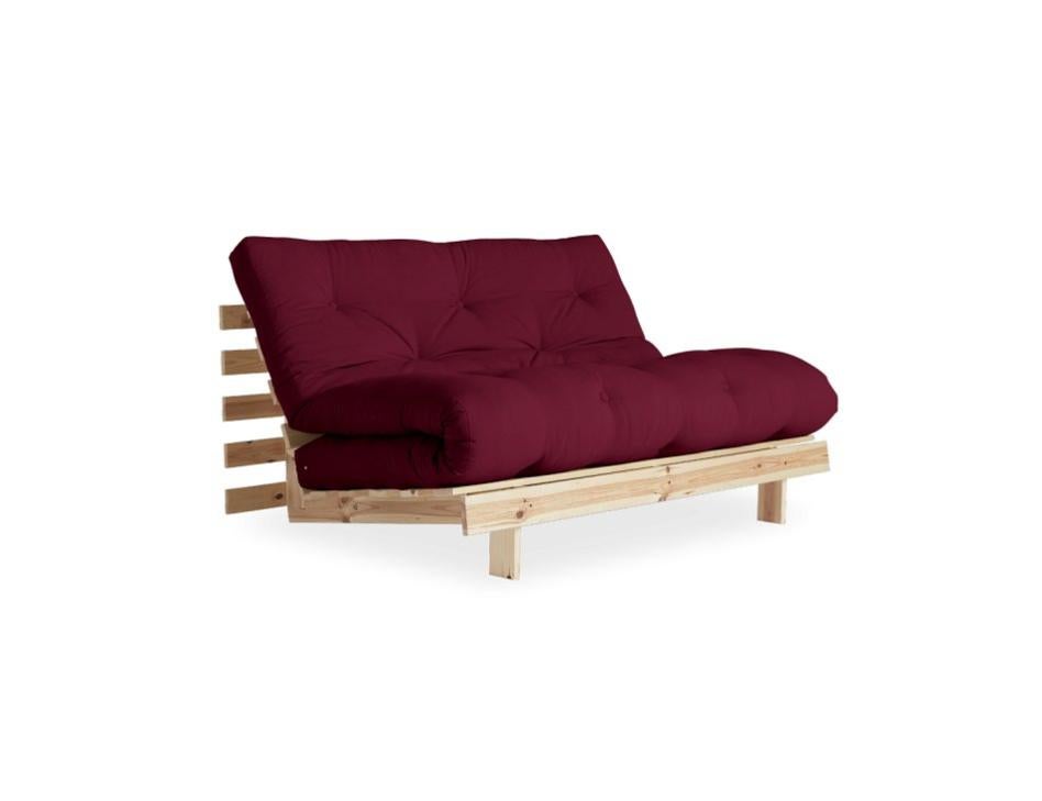 Canapé convertible futon ROOTS pin naturel coloris bordeaux couchage ...