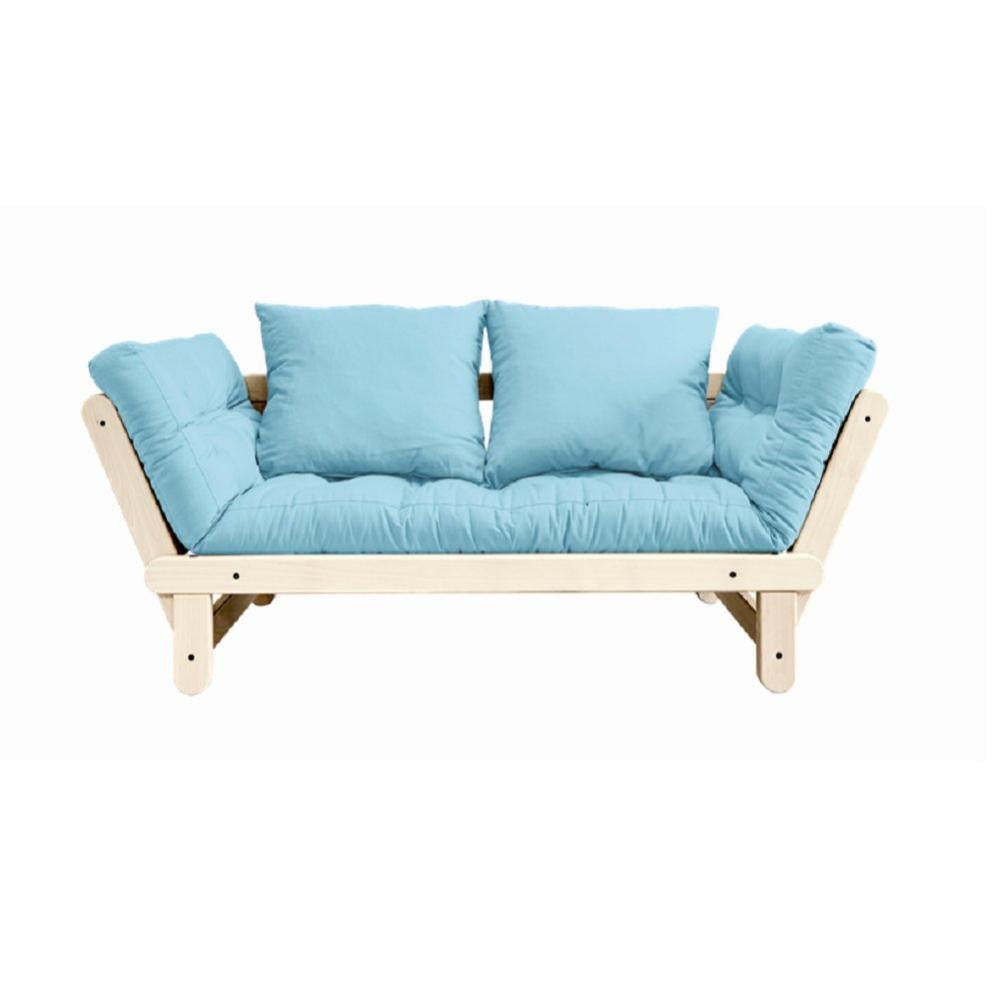Banquette méridienne futon BEAT pin naturel tissu bleu clair couchage ...