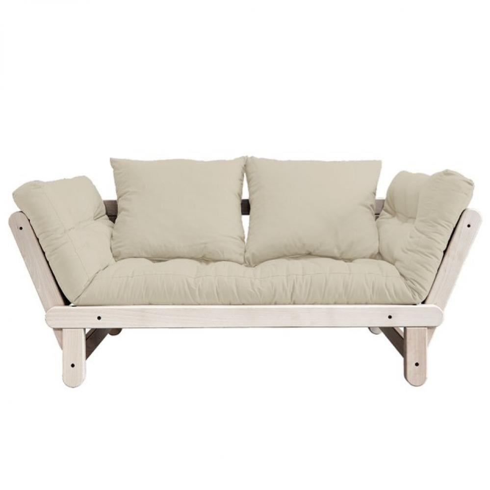 Banquette méridienne futon BEAT pin naturel tissu coloris beige ...
