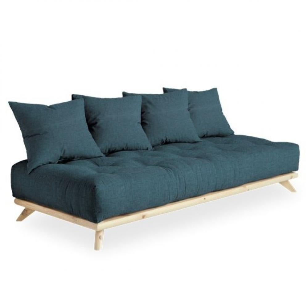 Canapé convertible futon SENZA pin naturel coloris bleu profond ...