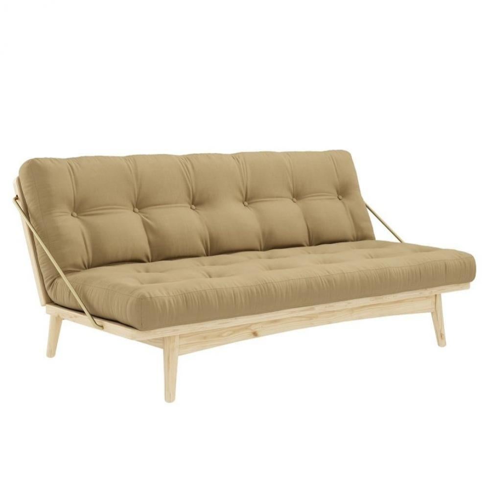 Banquette futon FOLK en pin massif coloris beige blé couchage 130 x 190 ...