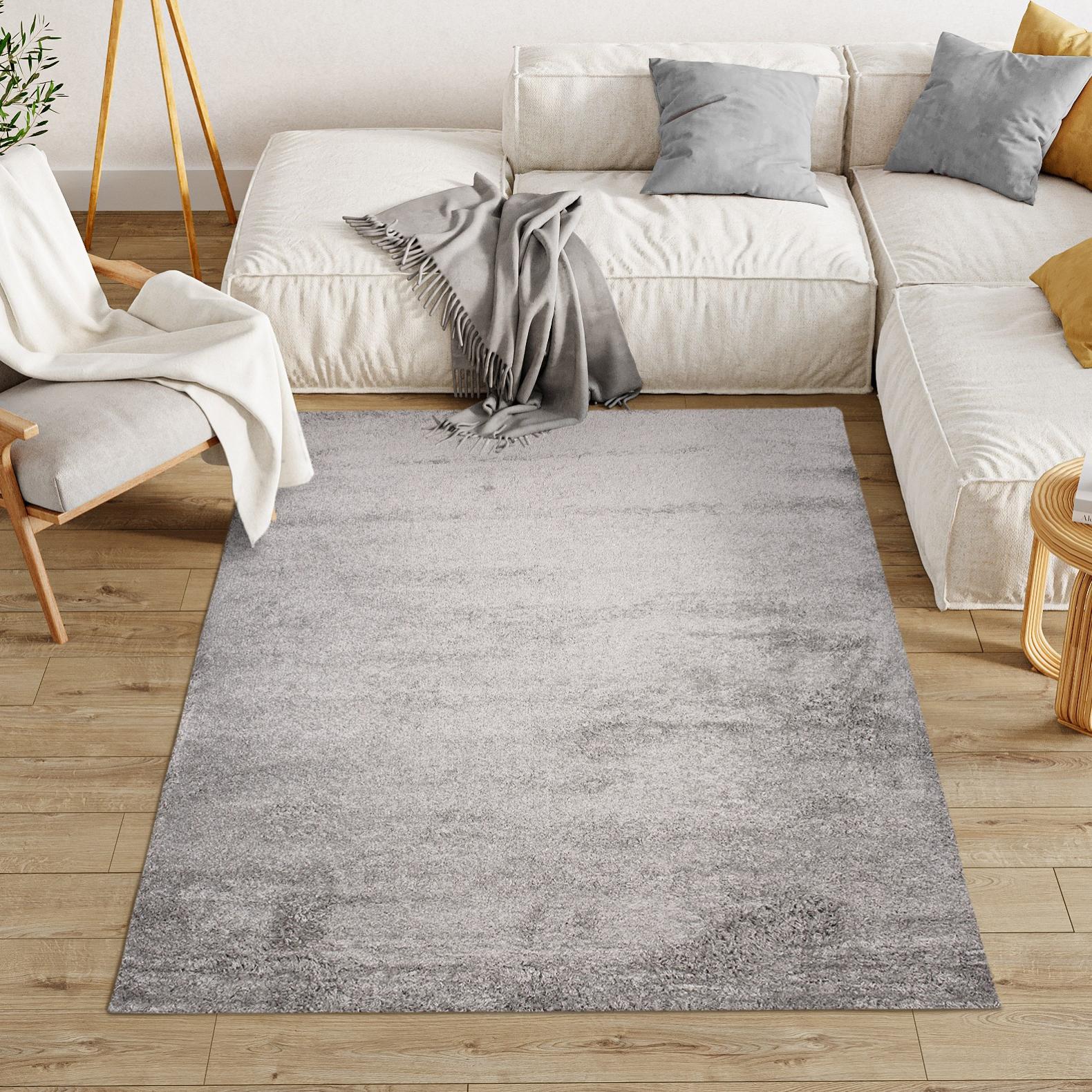 TAPISO Evra Tapis Salon Chambre Gris Unicolore Shaggy Poils Longs ...