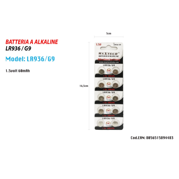 Trade Shop - Batterie Pile Alkaline Lr936/g9 1.5v Bottone 60mah Per ...