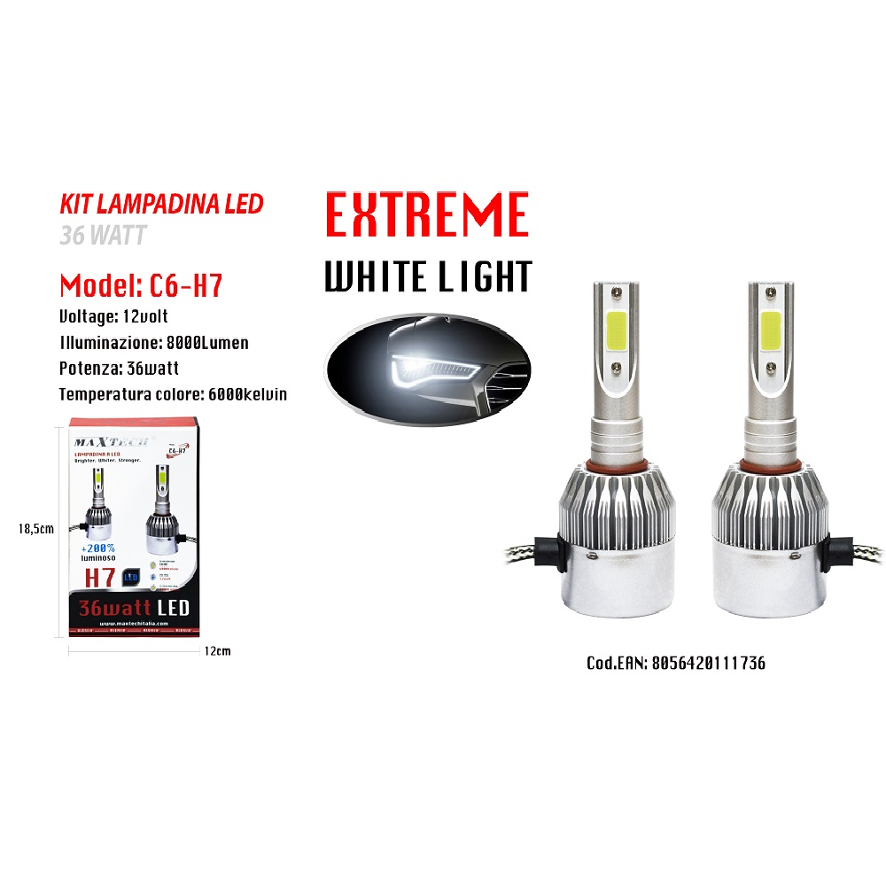 Trade Shop - LED AUTO E MOTO LAMPADE FARI MAXTECH H7 C6 KIT LAMPADINE 36W LUCE BIANCA 6000K ...